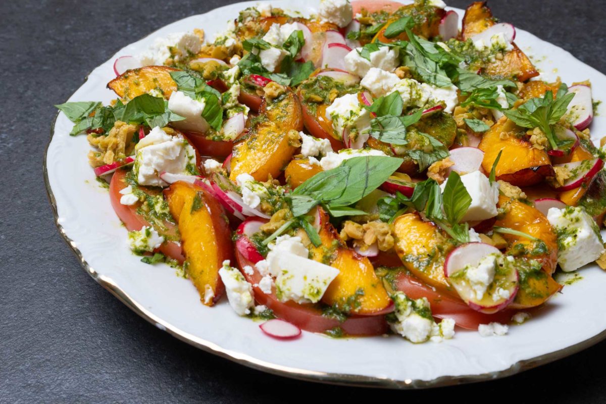 Nectarine Salad with tomatoes, feta cheese and basil dressing